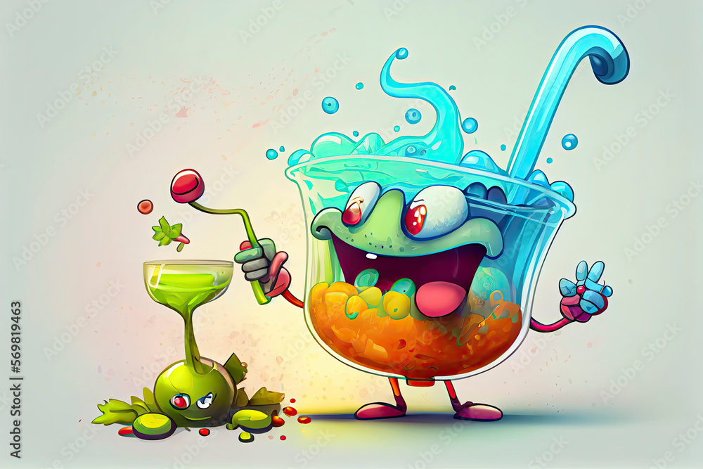 A cheerful pot cartoon character getting high and smoking a glass water ...