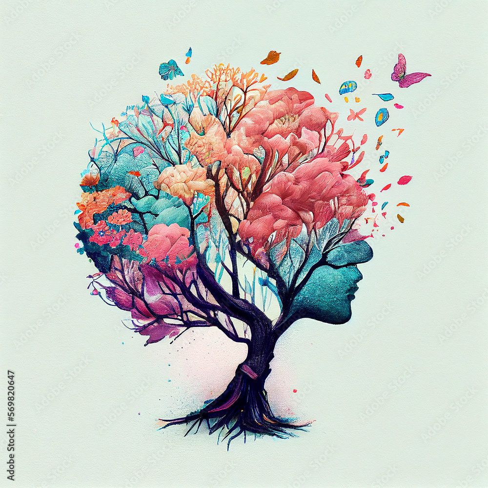 Human brain tree with flowers and butterflies, self care and mental ...