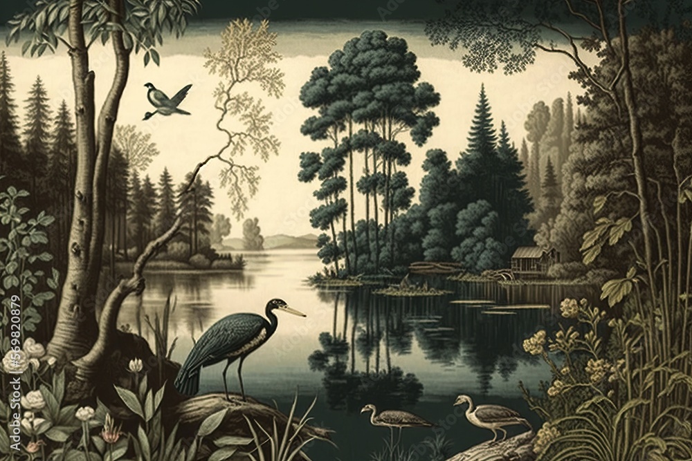 Vintage wallpaper of forest landscape with lake, plants, trees, birds ...