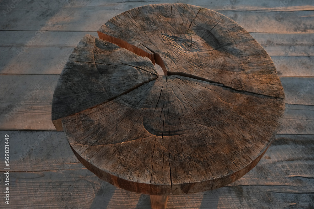 round wooden surface of table. Loft-style furniture. floor Surface. Cut ...