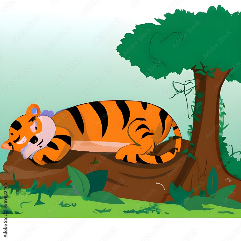 Tiger sleeping in the forest in cartoon style. Generative AI. Stock ...