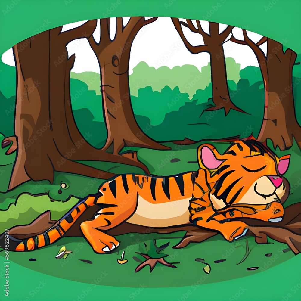 Tiger sleeping in the forest in cartoon style. Generative AI. Stock ...