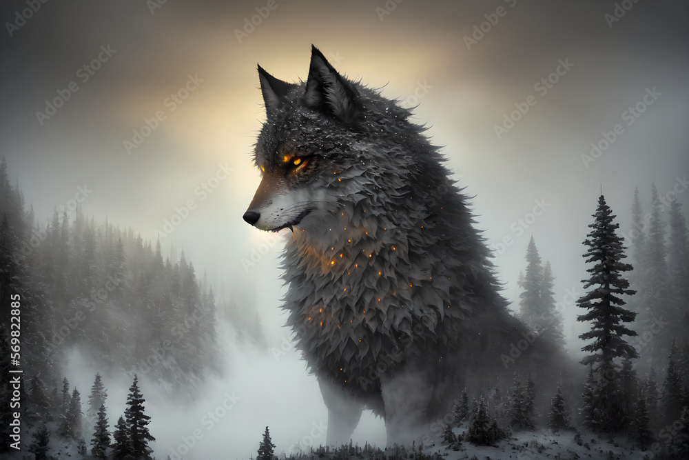 Giant wolf, warg Fenrir, looking at you trough snow covered trees in ...