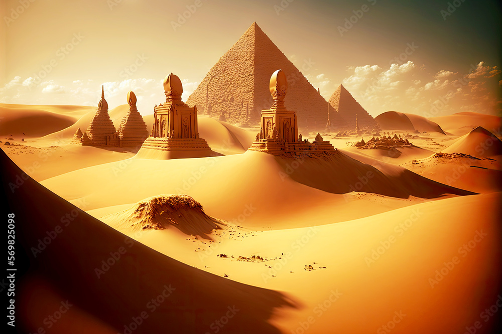 sand dunes of africa with historical monuments in form of egyptian ...