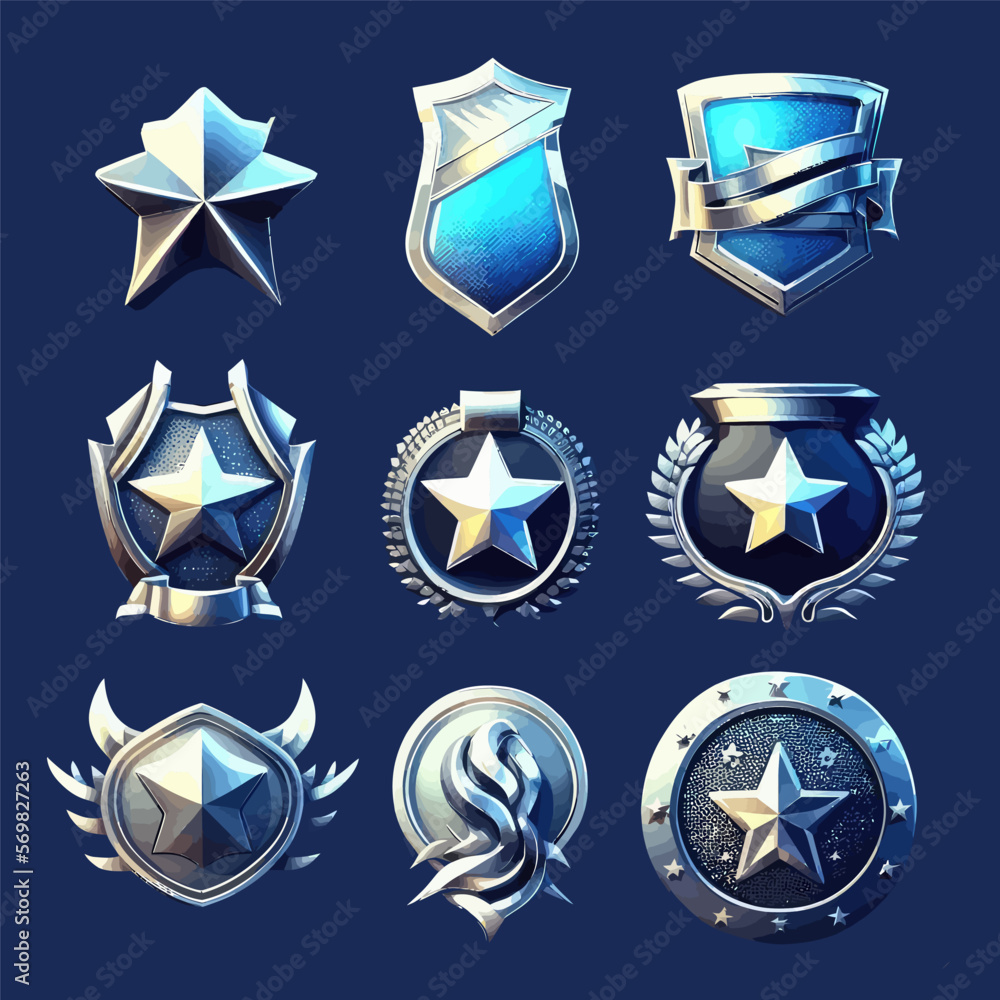 Cartoon set of silver game badges. A beautiful template for game. Flat ...