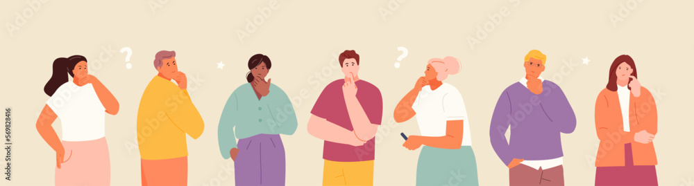 Thinking skeptical people. Puzzlement, doubts, uncertainty, difficult ...