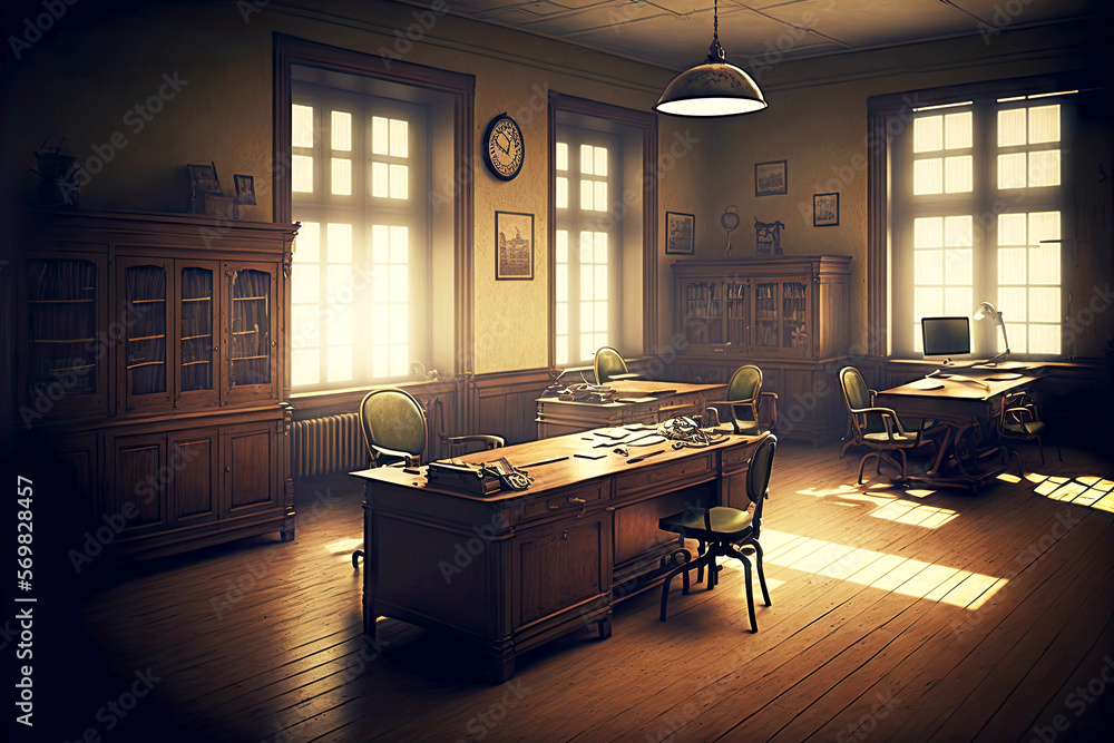 old-fashioned interior of empty workplace for several people in office ...