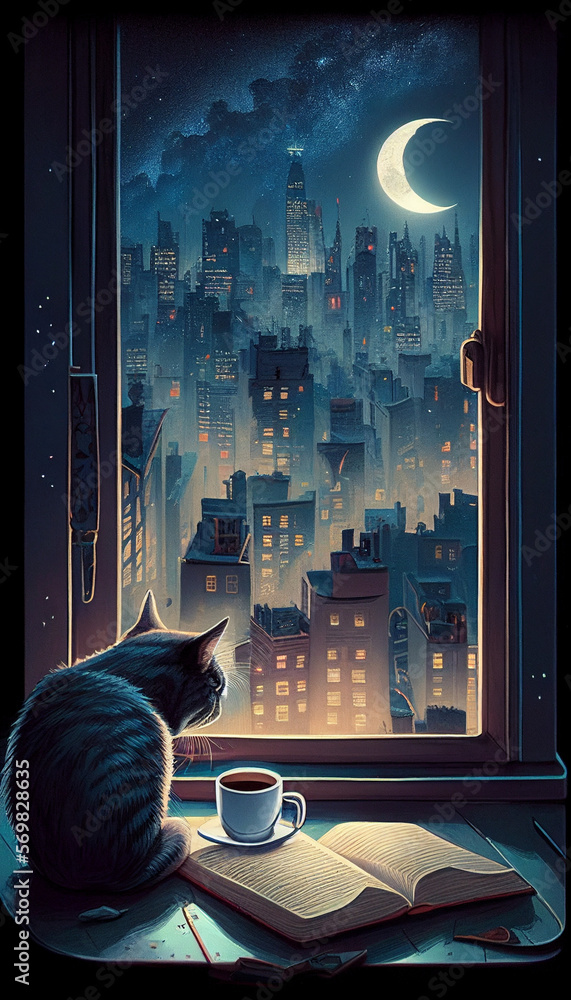 Cat at night on a window with books. Learning atmosphere Stock ...
