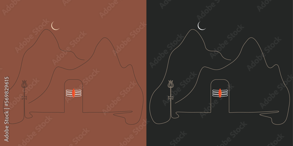 abstract minimal shiva linga one line art with trishul and crescent ...