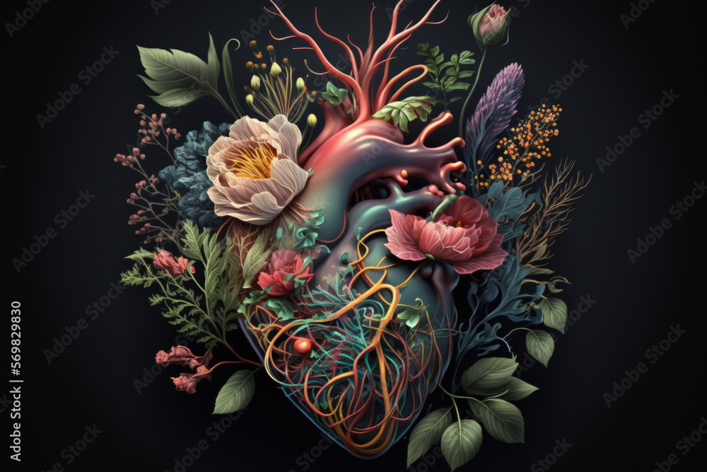 Human heart with flowers, love and emotion concept, good hearted person ...