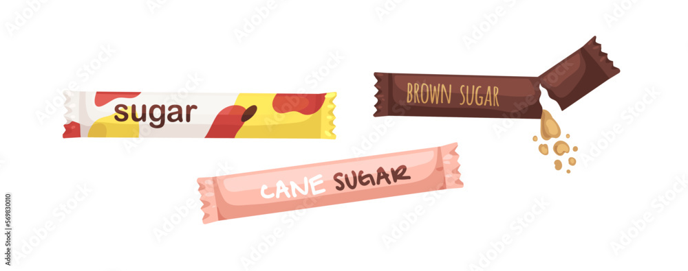 Sugar sticks, paper sachets. Sweet crystals packed in packages, bags ...