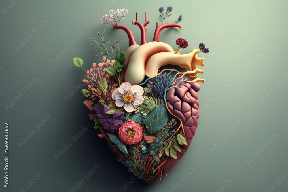Human heart with flowers, love and emotion concept, good hearted person ...