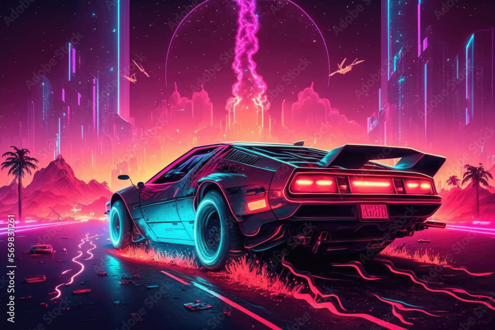 high-speed world of retro futurism, where neon lights illuminate the ...