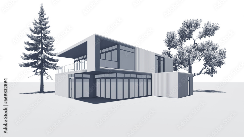Architecture model. Bim model of a modern house, white background. 3d ...