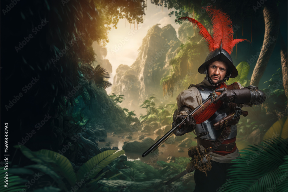 Art of brave conquistador from past with flintlock rifle in tropical ...