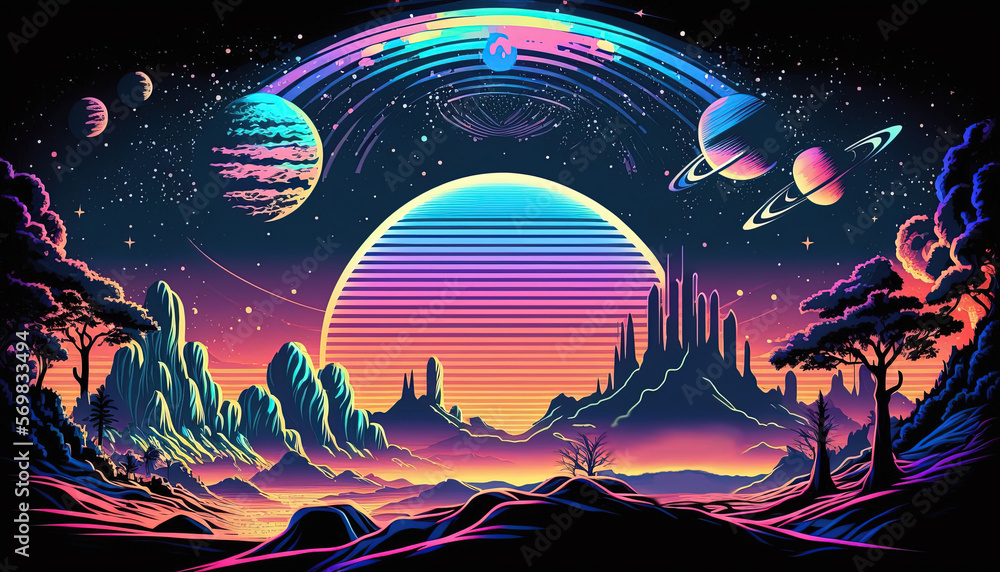 Generative AI, Psychedelic Space banner template, nostalgic 80s, 90s ...