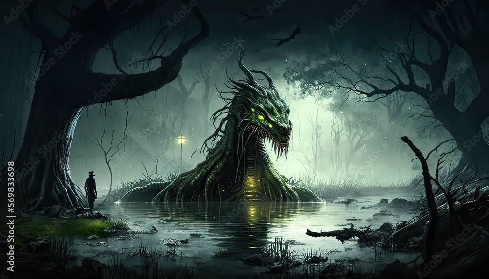 Evil witch brewing a deadly potion in her lair. The background is a ...