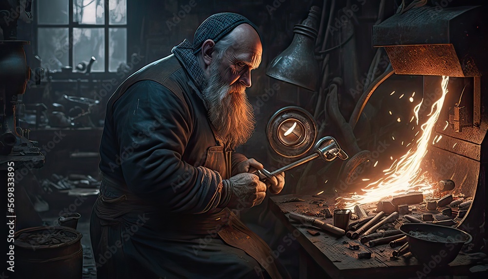 Dwarf blacksmith crafting a masterful weapon. The environment is a ...
