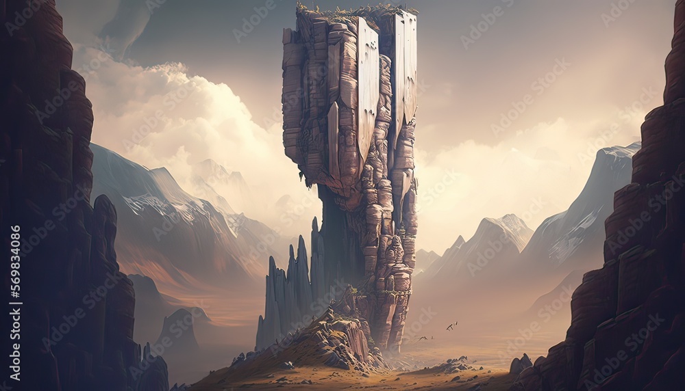 Towering cliff with a view of a sprawling valley below. Illustration ...