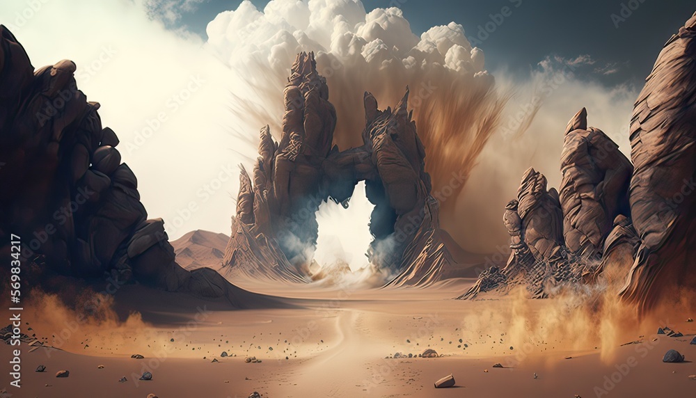 Barren wasteland with jagged rocks and boiling geysers. Illustration ...