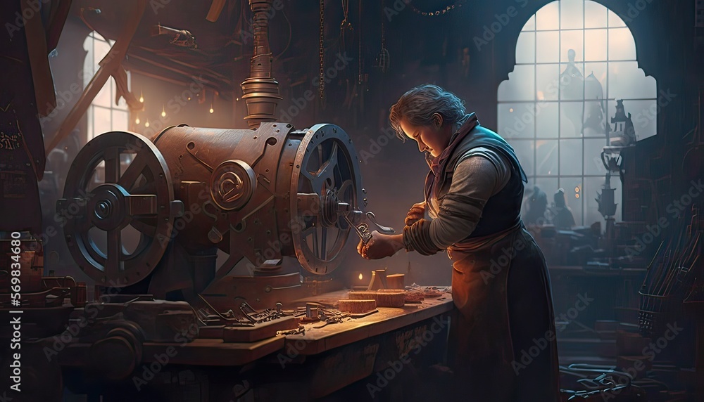 Dwarf engineer building a powerful siege weapon. The setting is a busy ...