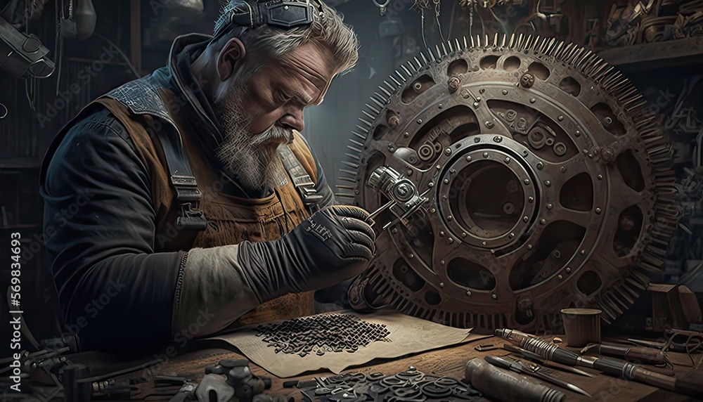 Dwarf engineer building a powerful siege weapon. The setting is a busy ...