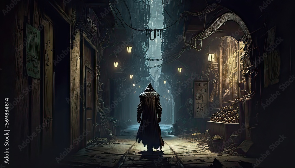 Goblin assassin sneaking up on his target. The setting is a dark and ...