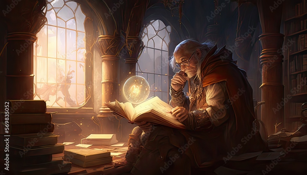 Young wizard learning the ways of magic. The environment is a quiet and studious library filled ...