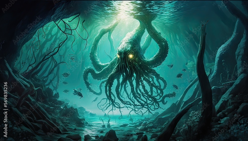 Eldritch abomination rising from the depths of the ocean. The ...
