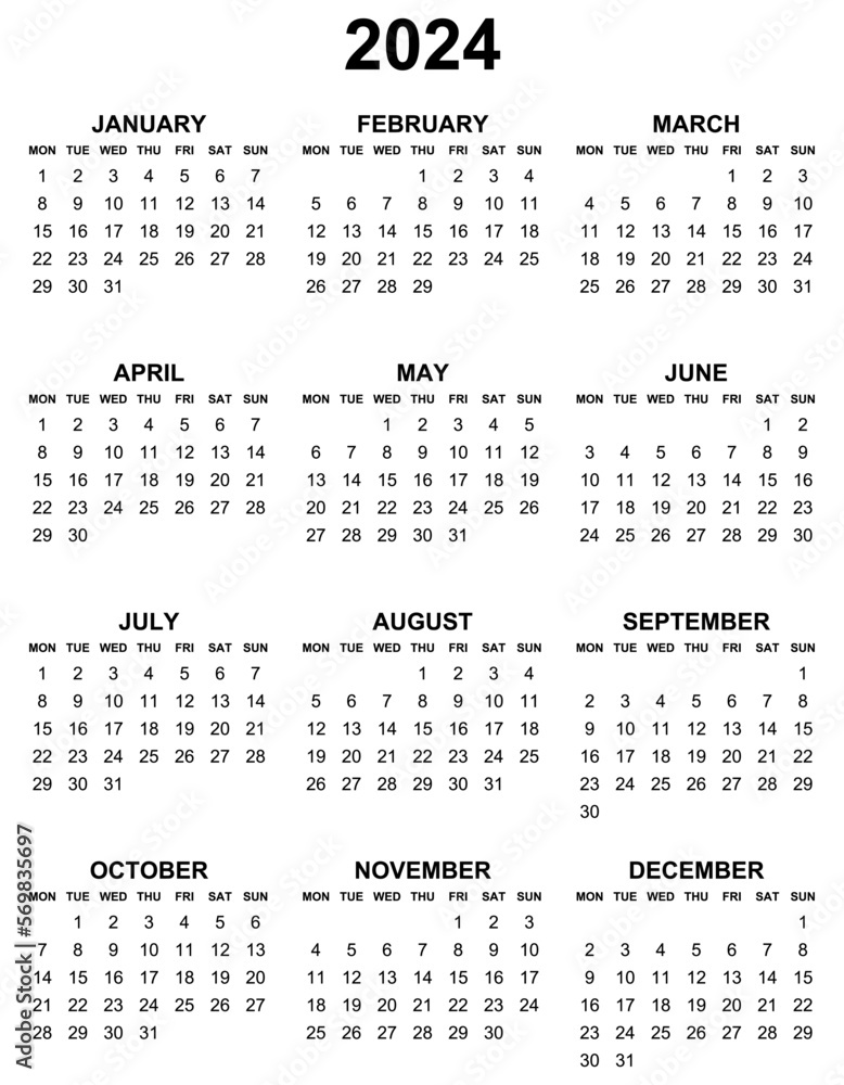 Simple editable vector calendar for year 2024 mondays first, sundays on ...
