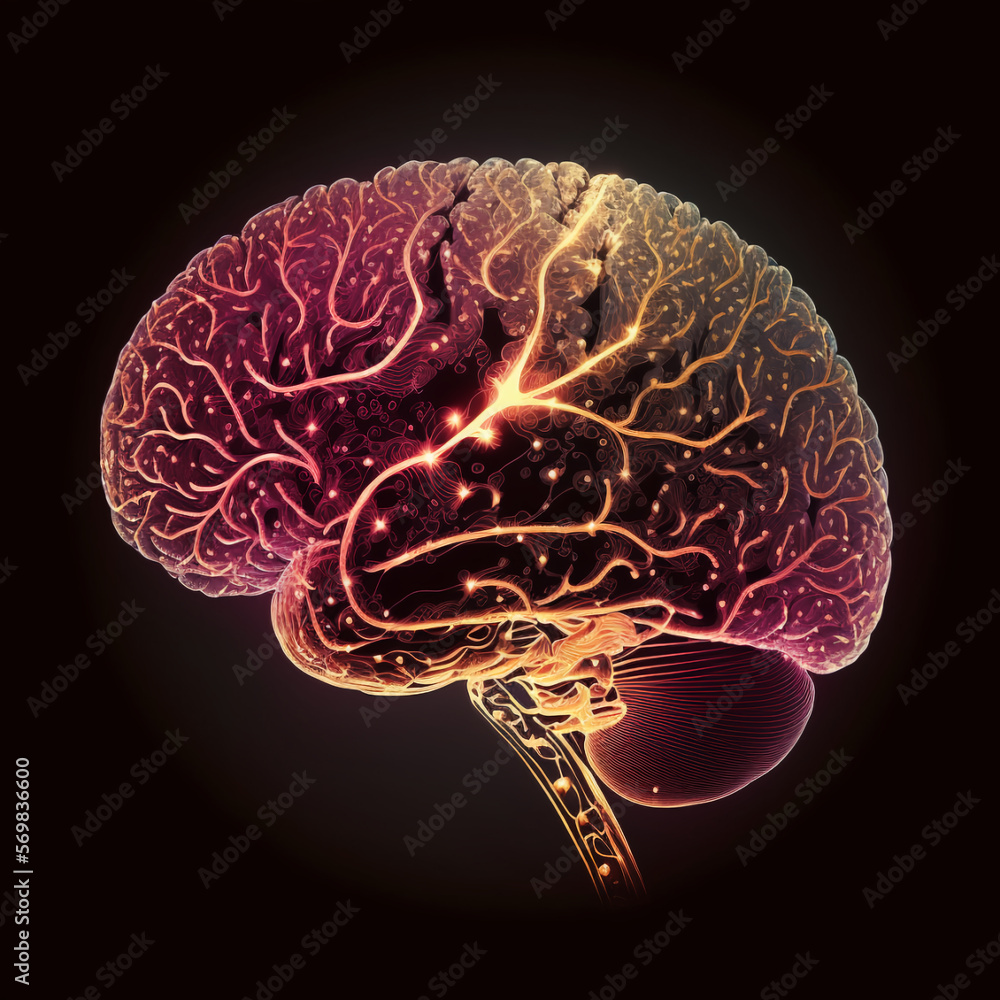 Human brain digital illustration. Electrical activity, flashes and ...