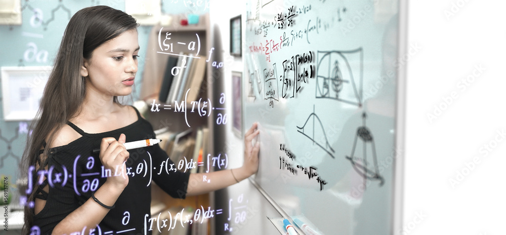 Indian teen student worried write formula think of sums, look on white ...
