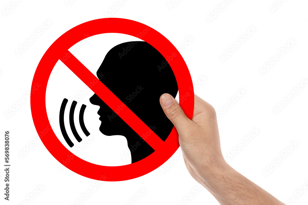 Quiet Please. Man holding prohibition sign with human head image on ...