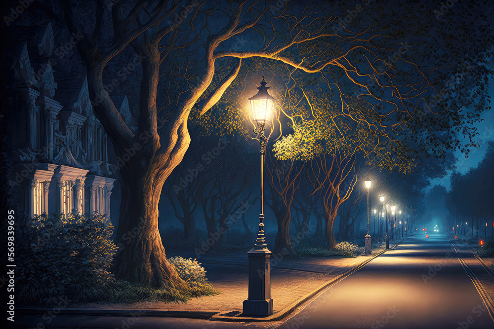 evening street and road illuminated lamp post and trees with ...
