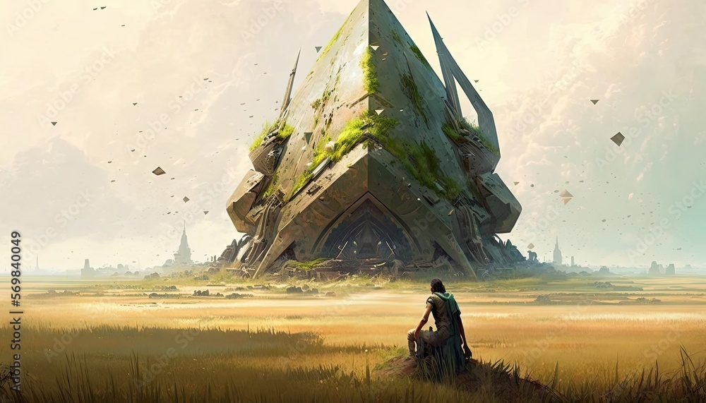concept art of a man sitting in a field and watching a strange ...