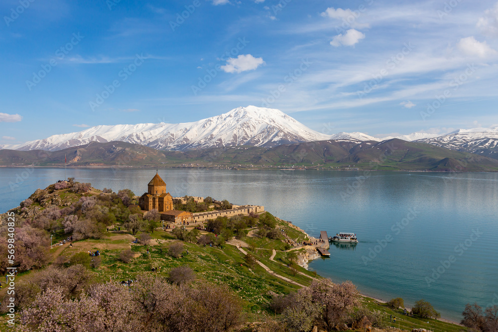 Akdamar Island in Van Lake. The Armenian Cathedral Church of the Holy ...
