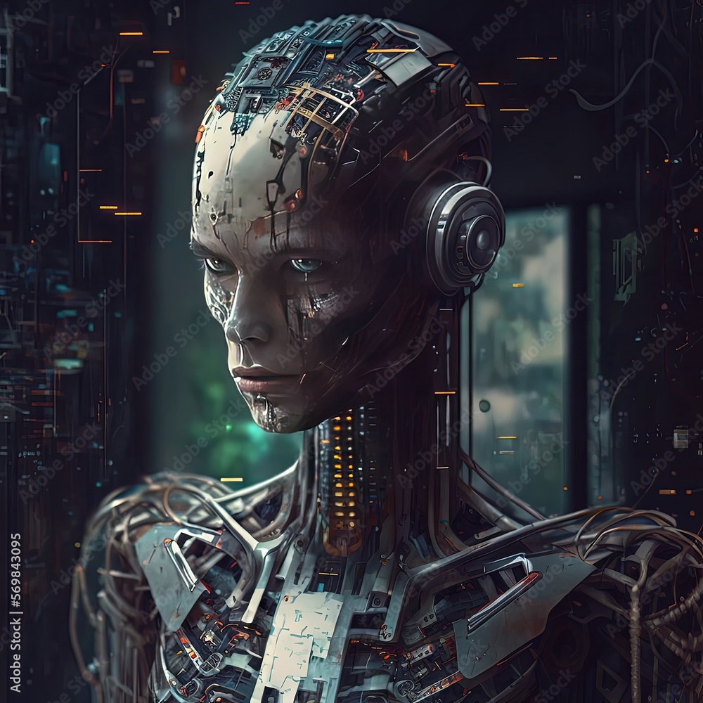 A cybernetic man with a face covered in fake skin. Robot, android, dark ...
