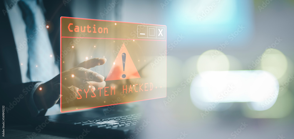 System hacked alert after cyber attack on computer network. compromised information concept ...