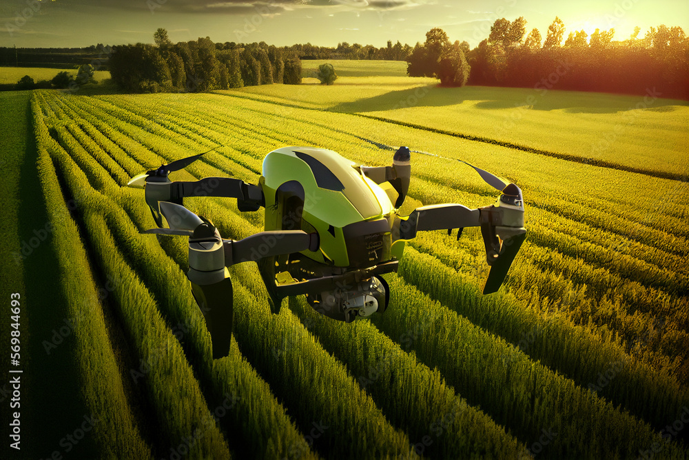 Drone flies in the sky over rice and wheat fields, technology in the agricultural business ...