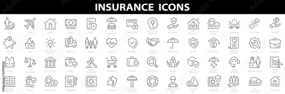 Insurance icon set.Insurance and assurance icon set. Outline icons ...