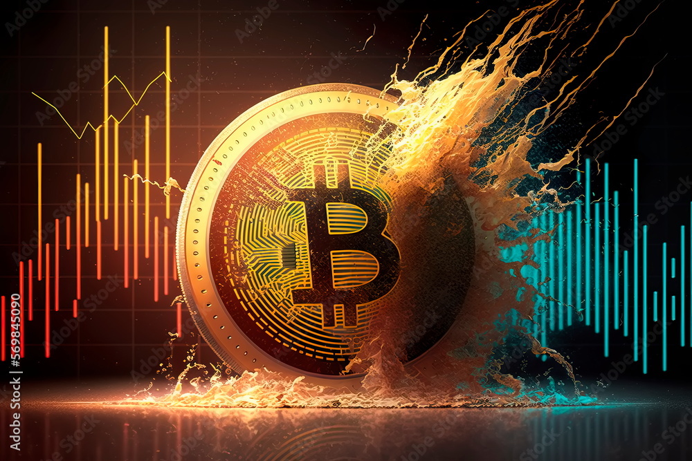 Bitcoin price crash in front of a abstract virtual background ...