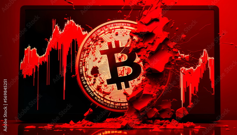 Bitcoin price crash in front of a red abstract virtual background ...