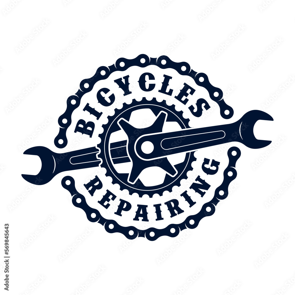 Vector circular logo (cranks and chain) Bicycles repairing. Crank arms ...