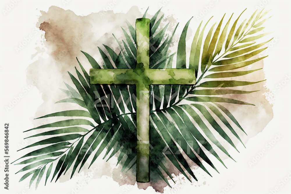 Palm sunday background. Cross and palm watercolor Generative AI Stock ...