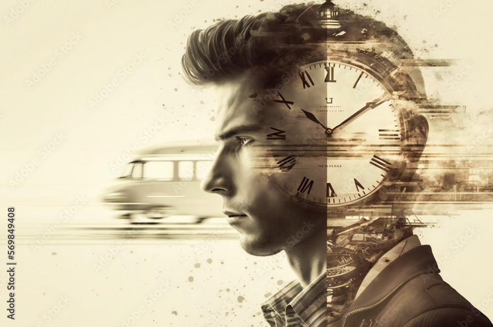 Illustration of a young man, double exposure with a clock. Time travel ...