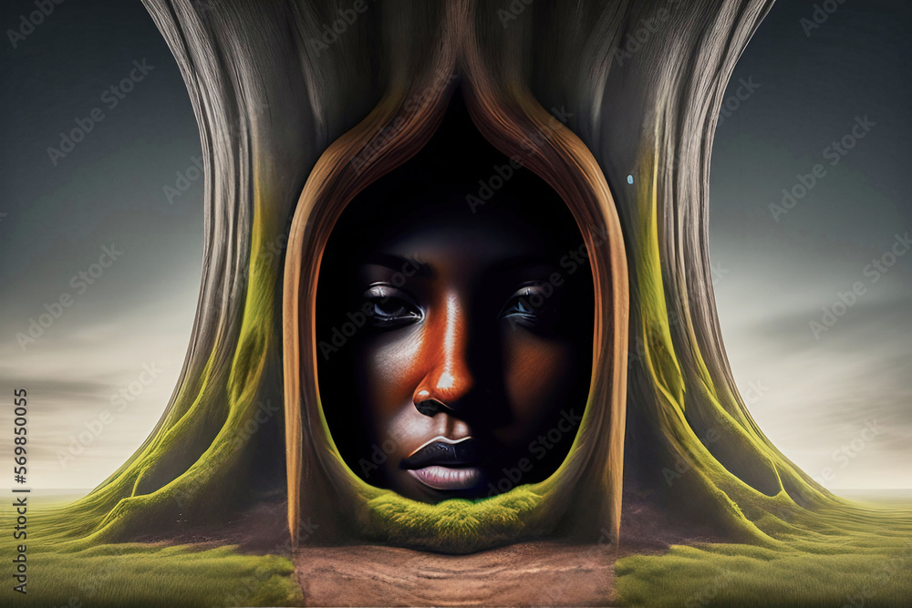 Abstract surreal representation of a tree trunk with a black face ...