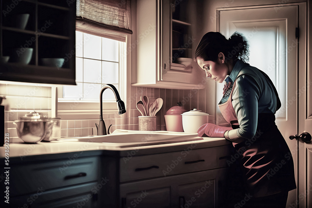 Kitchen sink with a sink under a window with a black-haired woman ...