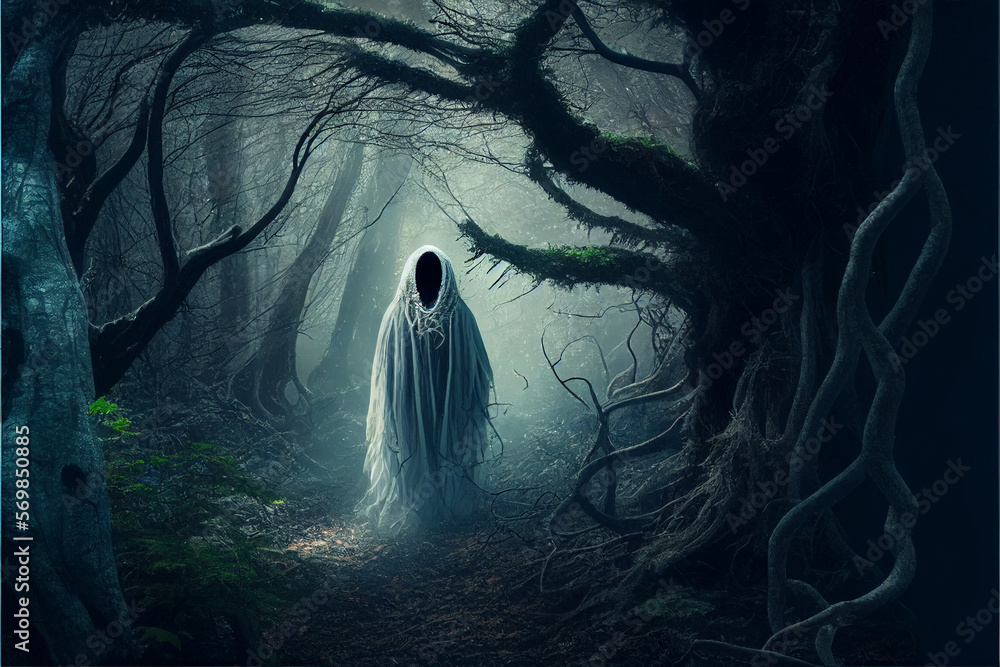 Ghost in the dense thicket of the forest. AI generated. Stock ...