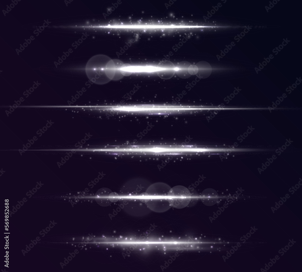 White soft horizontal neon lines. Set of abstract lens flares. Flash ...
