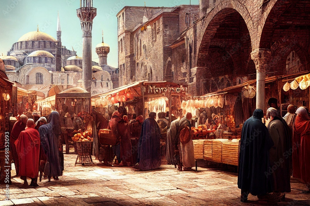 Byzantine market illustration of Constantinople featuring a group of ...